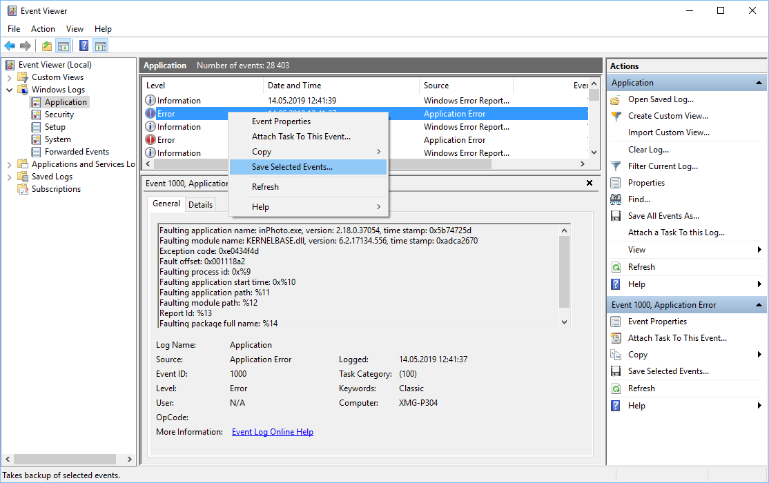 Saving Event Viewer Error Information To Evtx File